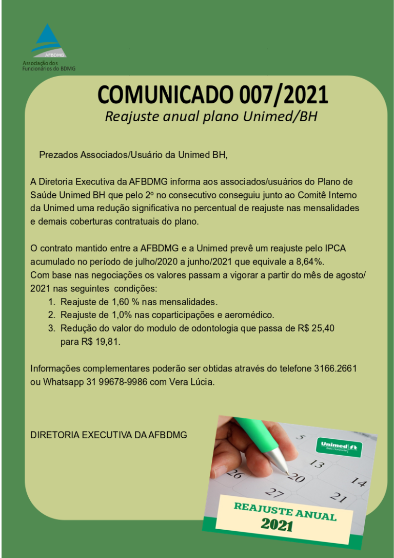Comunicado 007/2021 – Reajuste anual dos planos UNIMED BH – AFBDMG